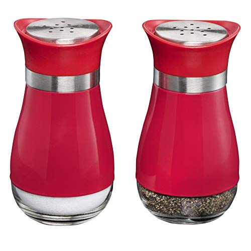 MITBAK Salt and Pepper Shakers (2-Pc. Set) Elegant w/Clear Glass Bottom | Compact Cooking, Kitchen and Dining Room Use | Classic, Refillable Design (Red)