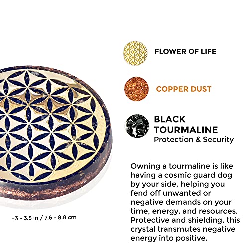 Orgonite Crystal Water Charging Plate with Black Tourmaline Healing Crystals and Flower of Life –Orgone Charging Coaster for Spiritual Cleansing and E-Energy Protection (90mm)