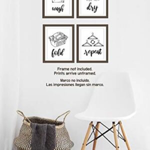 Modern 5th Laundry Room Signs (Set of 4 Unframed - 8 x 10 Inches), Wash Dry Fold Repeat, Typography Wall Art Decor Prints, Black and White Print Unframed