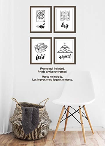 Modern 5th Laundry Room Signs (Set of 4 Unframed - 8 x 10 Inches), Wash Dry Fold Repeat, Typography Wall Art Decor Prints, Black and White Print Unframed