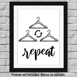 Modern 5th Laundry Room Signs (Set of 4 Unframed - 8 x 10 Inches), Wash Dry Fold Repeat, Typography Wall Art Decor Prints, Black and White Print Unframed