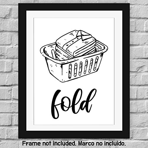 Modern 5th Laundry Room Signs (Set of 4 Unframed - 8 x 10 Inches), Wash Dry Fold Repeat, Typography Wall Art Decor Prints, Black and White Print Unframed