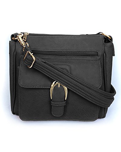 Roma Leathers Concealed Carry Cross Body Handbag - Premium Black Vegan Leather - Adjustable, Detachable, and Wire Reinforced Shoulder Strap - Front Buckle Closure - Dual Gun Entry - Designed in U.S.A