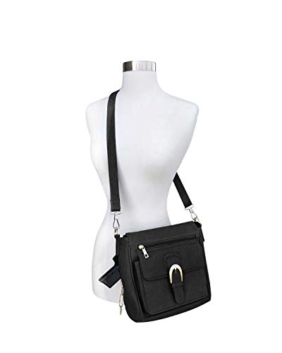 Roma Leathers Concealed Carry Cross Body Handbag - Premium Black Vegan Leather - Adjustable, Detachable, and Wire Reinforced Shoulder Strap - Front Buckle Closure - Dual Gun Entry - Designed in U.S.A