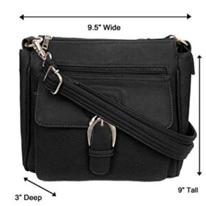 Roma Leathers Concealed Carry Cross Body Handbag - Premium Black Vegan Leather - Adjustable, Detachable, and Wire Reinforced Shoulder Strap - Front Buckle Closure - Dual Gun Entry - Designed in U.S.A