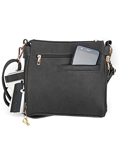 Roma Leathers Concealed Carry Cross Body Handbag - Premium Black Vegan Leather - Adjustable, Detachable, and Wire Reinforced Shoulder Strap - Front Buckle Closure - Dual Gun Entry - Designed in U.S.A