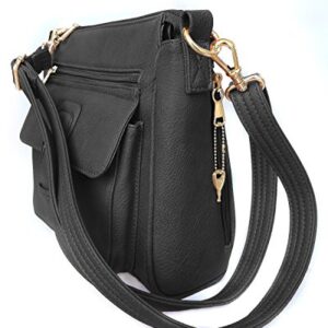 Roma Leathers Concealed Carry Cross Body Handbag - Premium Black Vegan Leather - Adjustable, Detachable, and Wire Reinforced Shoulder Strap - Front Buckle Closure - Dual Gun Entry - Designed in U.S.A