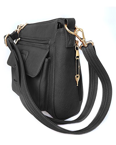 Roma Leathers Concealed Carry Cross Body Handbag - Premium Black Vegan Leather - Adjustable, Detachable, and Wire Reinforced Shoulder Strap - Front Buckle Closure - Dual Gun Entry - Designed in U.S.A