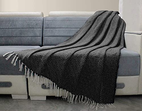 Black Throw Blanket Woven Country Rustic 100% Cotton Luxury Quality Sofa Couch Bed Throws Mini Diamond 50 x 60 Inches