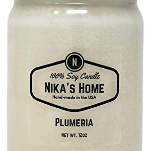 Nika's Home Plumeria Soy Candle 12oz Mason Jar Non-Toxic White Soy Candle-Hand Poured Handmade, Long Burning 50-60 Hours Highly Scented All Natural, Clean Burning Large Candle Gift Décor