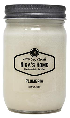 Nika's Home Plumeria Soy Candle 12oz Mason Jar Non-Toxic White Soy Candle-Hand Poured Handmade, Long Burning 50-60 Hours Highly Scented All Natural, Clean Burning Large Candle Gift Décor