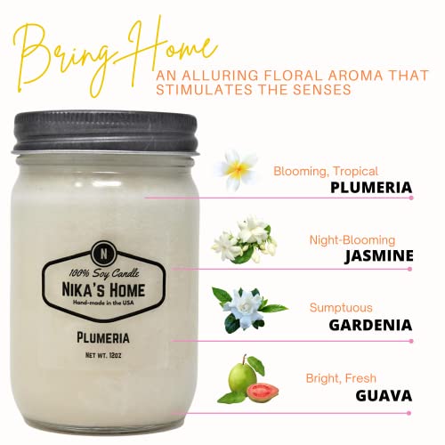 Nika's Home Plumeria Soy Candle 12oz Mason Jar Non-Toxic White Soy Candle-Hand Poured Handmade, Long Burning 50-60 Hours Highly Scented All Natural, Clean Burning Large Candle Gift Décor