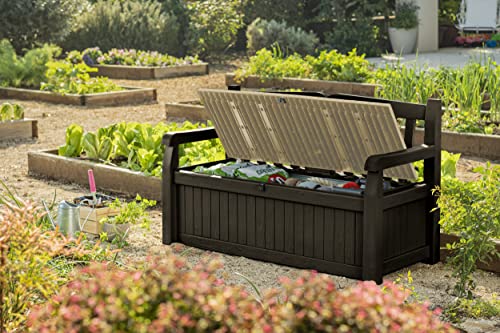 Keter Eden 70 Gallon Storage Bench Deck Box for Patio Furniture, Front Porch Decor and Outdoor Seating – Perfect to Store Garden Tools and Pool Toys,Brown / Brown