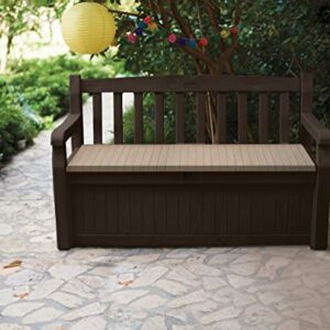 Keter Eden 70 Gallon Storage Bench Deck Box for Patio Furniture, Front Porch Decor and Outdoor Seating – Perfect to Store Garden Tools and Pool Toys,Brown / Brown