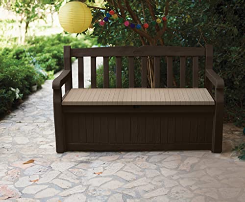 Keter Eden 70 Gallon Storage Bench Deck Box for Patio Furniture, Front Porch Decor and Outdoor Seating – Perfect to Store Garden Tools and Pool Toys,Brown / Brown