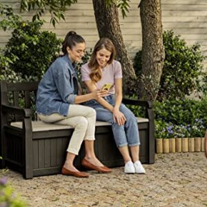 Keter Eden 70 Gallon Storage Bench Deck Box for Patio Furniture, Front Porch Decor and Outdoor Seating – Perfect to Store Garden Tools and Pool Toys,Brown / Brown