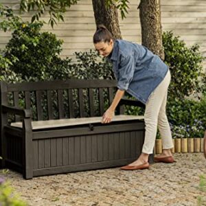 Keter Eden 70 Gallon Storage Bench Deck Box for Patio Furniture, Front Porch Decor and Outdoor Seating – Perfect to Store Garden Tools and Pool Toys,Brown / Brown