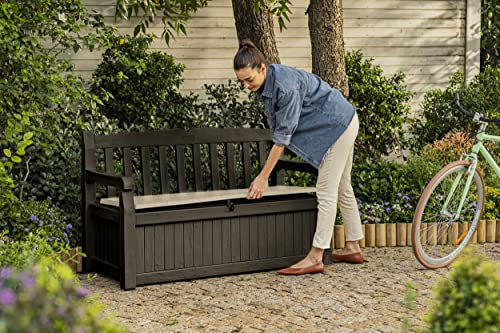 Keter Eden 70 Gallon Storage Bench Deck Box for Patio Furniture, Front Porch Decor and Outdoor Seating – Perfect to Store Garden Tools and Pool Toys,Brown / Brown