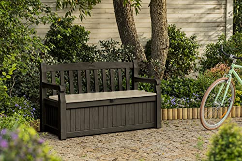 Keter Eden 70 Gallon Storage Bench Deck Box for Patio Furniture, Front Porch Decor and Outdoor Seating – Perfect to Store Garden Tools and Pool Toys,Brown / Brown