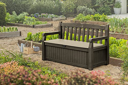 Keter Eden 70 Gallon Storage Bench Deck Box for Patio Furniture, Front Porch Decor and Outdoor Seating – Perfect to Store Garden Tools and Pool Toys,Brown / Brown