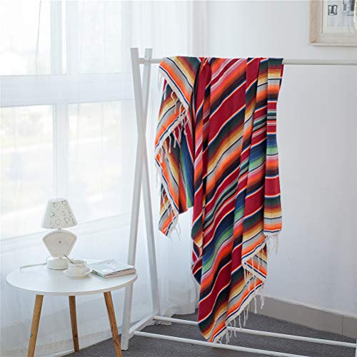 JQZ Mexican Serape Blanket with Tassel Bright Colorful Stripe Rainbow Throw Blanket Yoga Beach Blanket Tablecloth Sofa Cover(Red, 60" X 82")