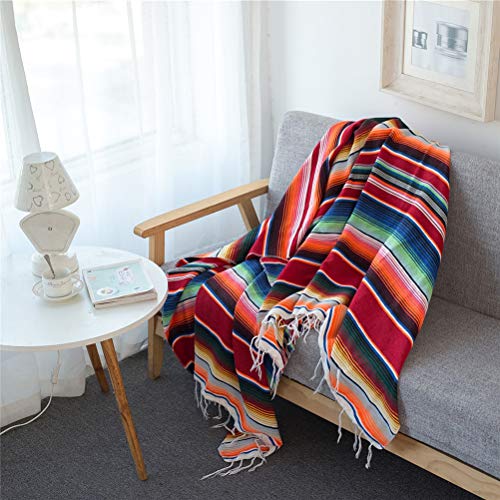 JQZ Mexican Serape Blanket with Tassel Bright Colorful Stripe Rainbow Throw Blanket Yoga Beach Blanket Tablecloth Sofa Cover(Red, 60" X 82")