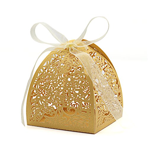 KPOSIYA Pack of 70 Laser Cut Rose Candy Boxes, Favor Boxes 2.5"x 2.5"x 3.1", Gift Boxes for Bridal Shower Anniverary Birthday Party Wedding Favor (Gold)