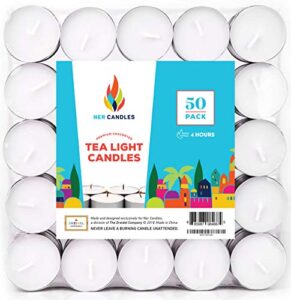 ner candles unscented tea lights candles in bulk, smokeless, dripless & long lasting tea candles, small votive mini tealight candles for home, pool, shabbat, weddings & emergencies (pack of 50)