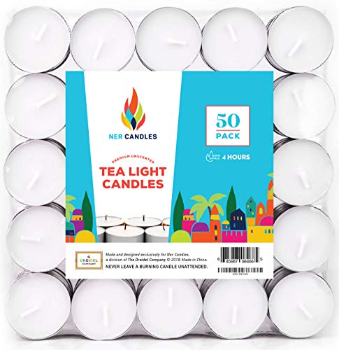 Ner Candles Unscented Tea Lights Candles in Bulk, Smokeless, Dripless & Long Lasting Tea Candles, Small Votive Mini Tealight Candles for Home, Pool, Shabbat, Weddings & Emergencies (Pack of 50)