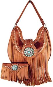 western cowgirl concealed carry fringe concho agate handbag hobo shoulder handbag with matching wallet in tan