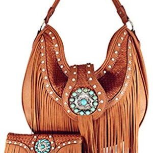 Western Cowgirl Concealed Carry Fringe Concho Agate Handbag Hobo Shoulder Handbag With Matching Wallet In Tan