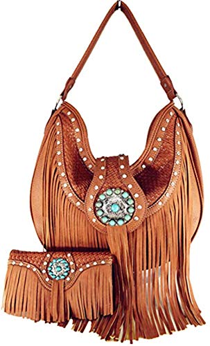 Western Cowgirl Concealed Carry Fringe Concho Agate Handbag Hobo Shoulder Handbag With Matching Wallet In Tan