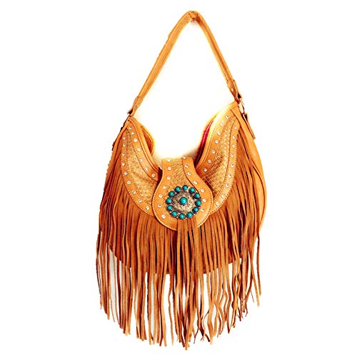 Western Cowgirl Concealed Carry Fringe Concho Agate Handbag Hobo Shoulder Handbag With Matching Wallet In Tan