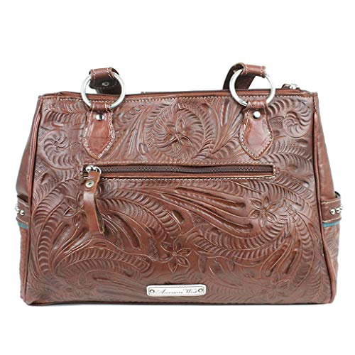 American West Leather - Multi Compartment Tote Bag -Purse Holder Bundle (Brown - Lady lace)