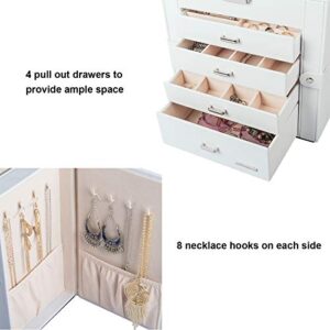 Homde Synthetic Leather Huge Jewelry Box Mirrored Watch Organizer Necklace Ring Earring Storage Lockable Gift Case (White)