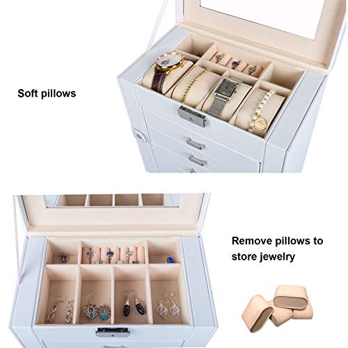 Homde Synthetic Leather Huge Jewelry Box Mirrored Watch Organizer Necklace Ring Earring Storage Lockable Gift Case (White)