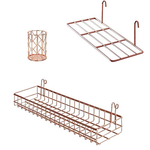 BULYZER Grid Wall Shelves Basket with Hooks,Bookshelf,Display Shelf for Wall Grid Panel,Wall Mount Organizer and Storage Shelf Rack for Office (Rose Gold)