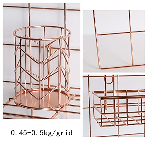 BULYZER Grid Wall Shelves Basket with Hooks,Bookshelf,Display Shelf for Wall Grid Panel,Wall Mount Organizer and Storage Shelf Rack for Office (Rose Gold)