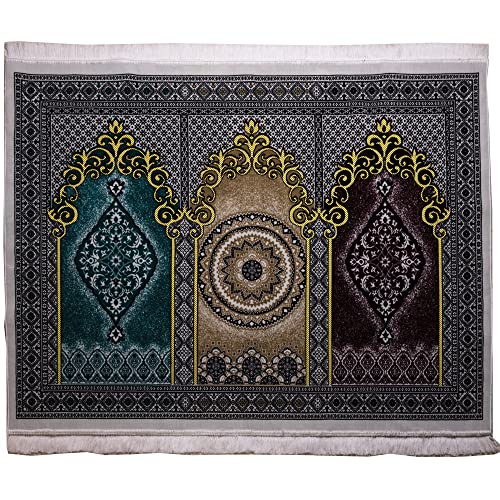 Modefa Turkish Islamic Prayer Rug - Wide Plush Velvet Praying Mat - Multi Person Muslim Janamaz Sajada for Family 3 People Salam Group Carpet 17-1