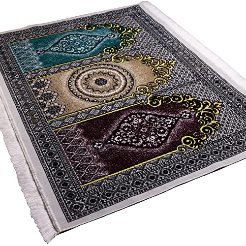 Modefa Turkish Islamic Prayer Rug - Wide Plush Velvet Praying Mat - Multi Person Muslim Janamaz Sajada for Family 3 People Salam Group Carpet 17-1