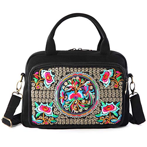 Embroidered Canvas Top Handle Handbag, 3 Layers Crossbody Bag