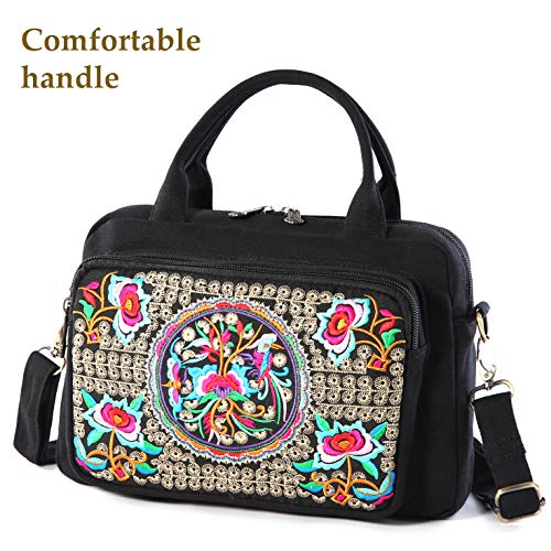 Embroidered Canvas Top Handle Handbag, 3 Layers Crossbody Bag