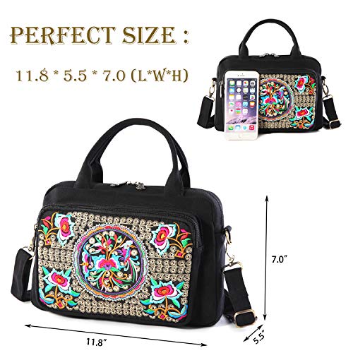 Embroidered Canvas Top Handle Handbag, 3 Layers Crossbody Bag