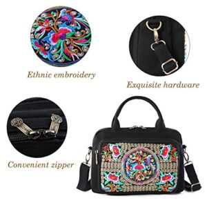 Embroidered Canvas Top Handle Handbag, 3 Layers Crossbody Bag