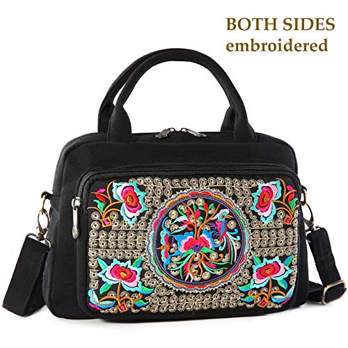 Embroidered Canvas Top Handle Handbag, 3 Layers Crossbody Bag