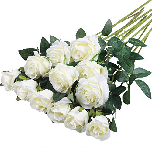 Hawesome 12PCS Artificial Silk Flowers Realistic Roses Bouquet Long Stem for Home Wedding Decoration Party (White)