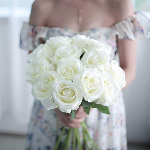 Hawesome 12PCS Artificial Silk Flowers Realistic Roses Bouquet Long Stem for Home Wedding Decoration Party (White)