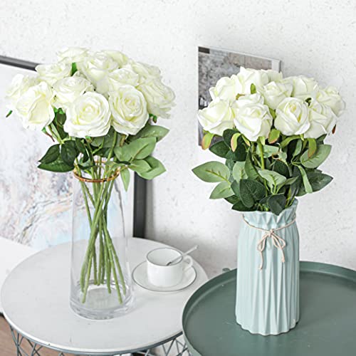 Hawesome 12PCS Artificial Silk Flowers Realistic Roses Bouquet Long Stem for Home Wedding Decoration Party (White)