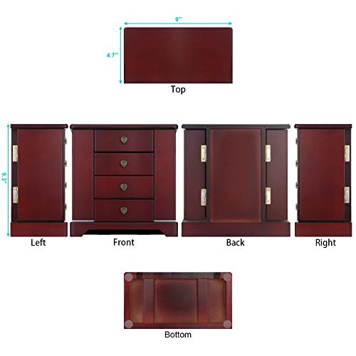 RR ROUND RICH DESIGN Jewelry Box - Made of Solid Wood with Cabinet Type 4 Drawers Organizer and 2 Doors on Sides - Dark Brown