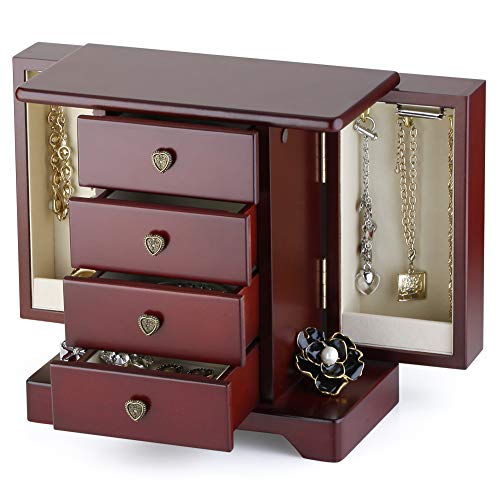 RR ROUND RICH DESIGN Jewelry Box - Made of Solid Wood with Cabinet Type 4 Drawers Organizer and 2 Doors on Sides - Dark Brown